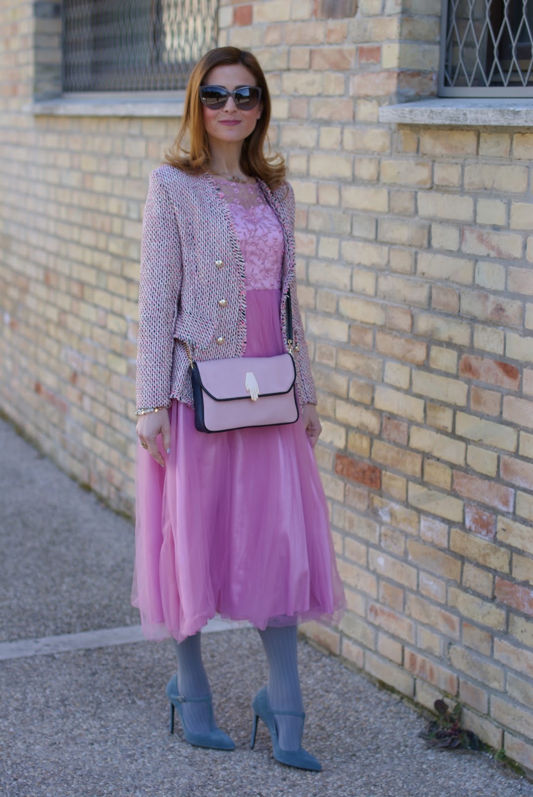 Pink midi tulle dress and Chanel inspired jacket | Fashion and Cookies ...