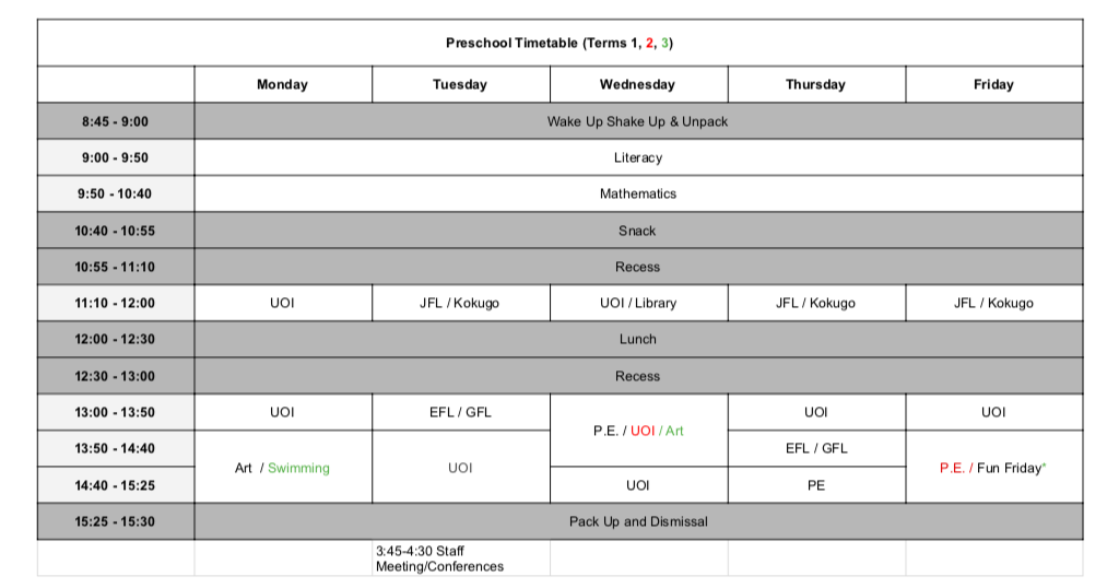 Preschool Timetable
