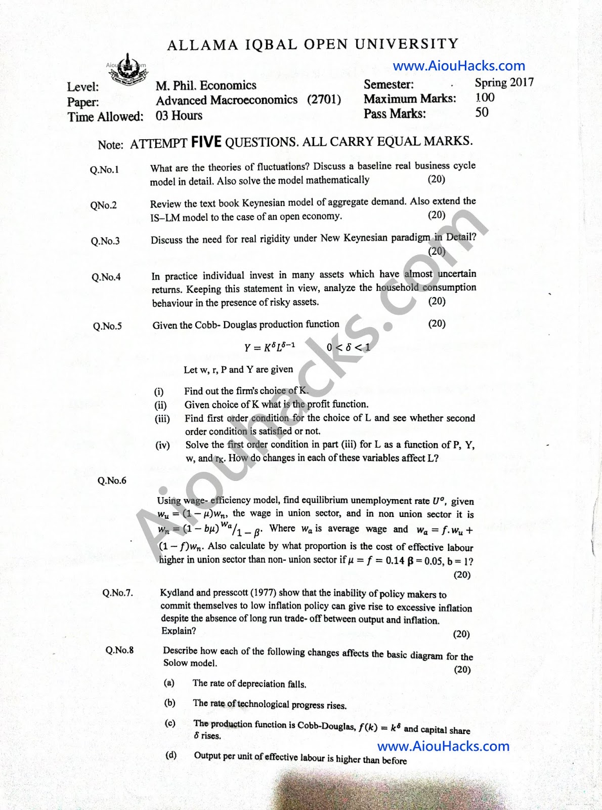 M.Phil Economics Advanced Macroeconomics Code 2701 Past Papers Autumn Spring