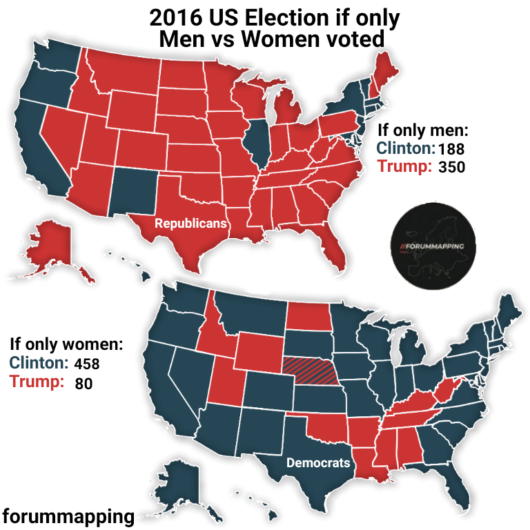 2020 & 2016 US Election if only Men vs Women voted (2 Maps) - STATIONGOSSIP