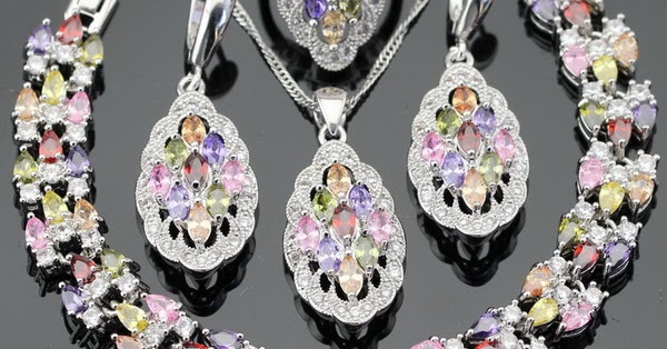 Multicolor Stones CZ Silver Color Jewelry Sets