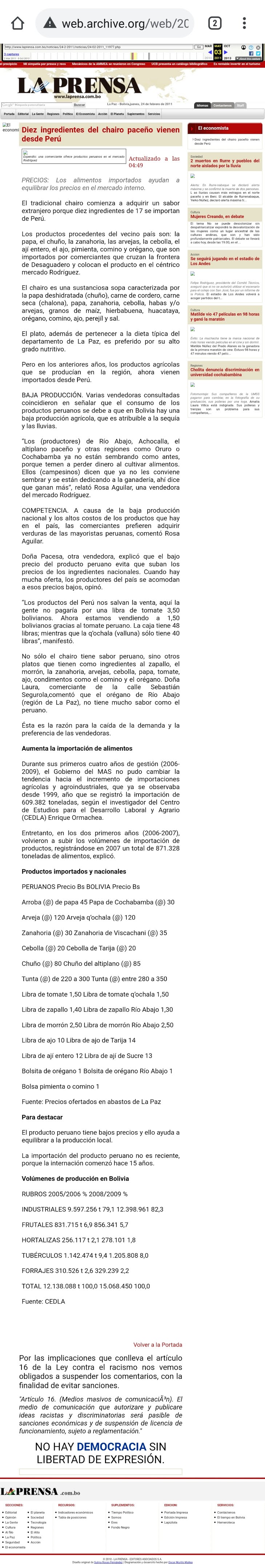 Diez ingredientes del chairo paceño vienen desde Perú