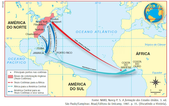 Veredas do Tempo: Mapa: Comércio triangular das colonias da Nova Inglaterra (século XVIII)