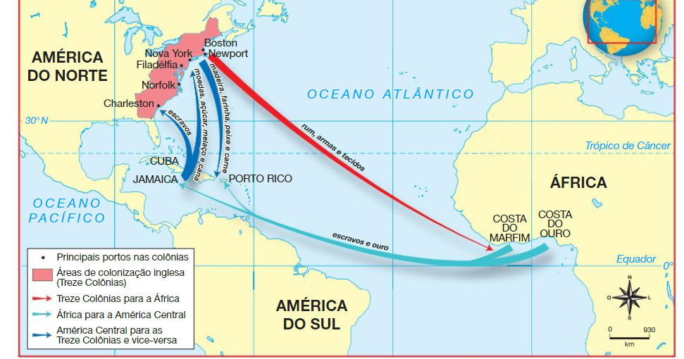 Veredas do Tempo: Mapa: Comércio triangular das colonias da Nova ...