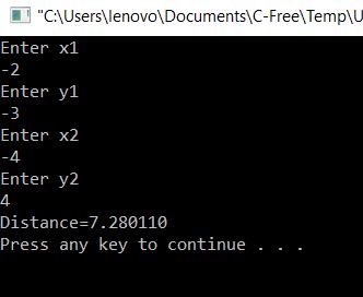 All C Programs: Program 380: Distance between 2 Points