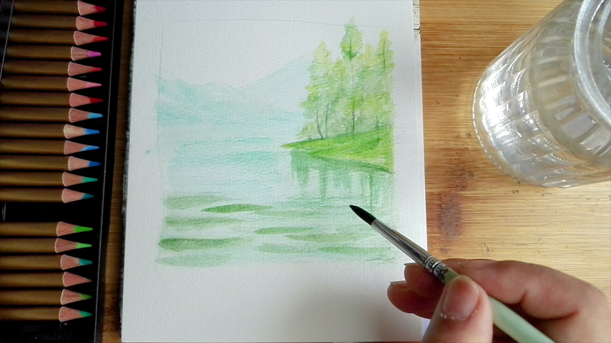 How to draw watercolor pencil lake landscape tutorial