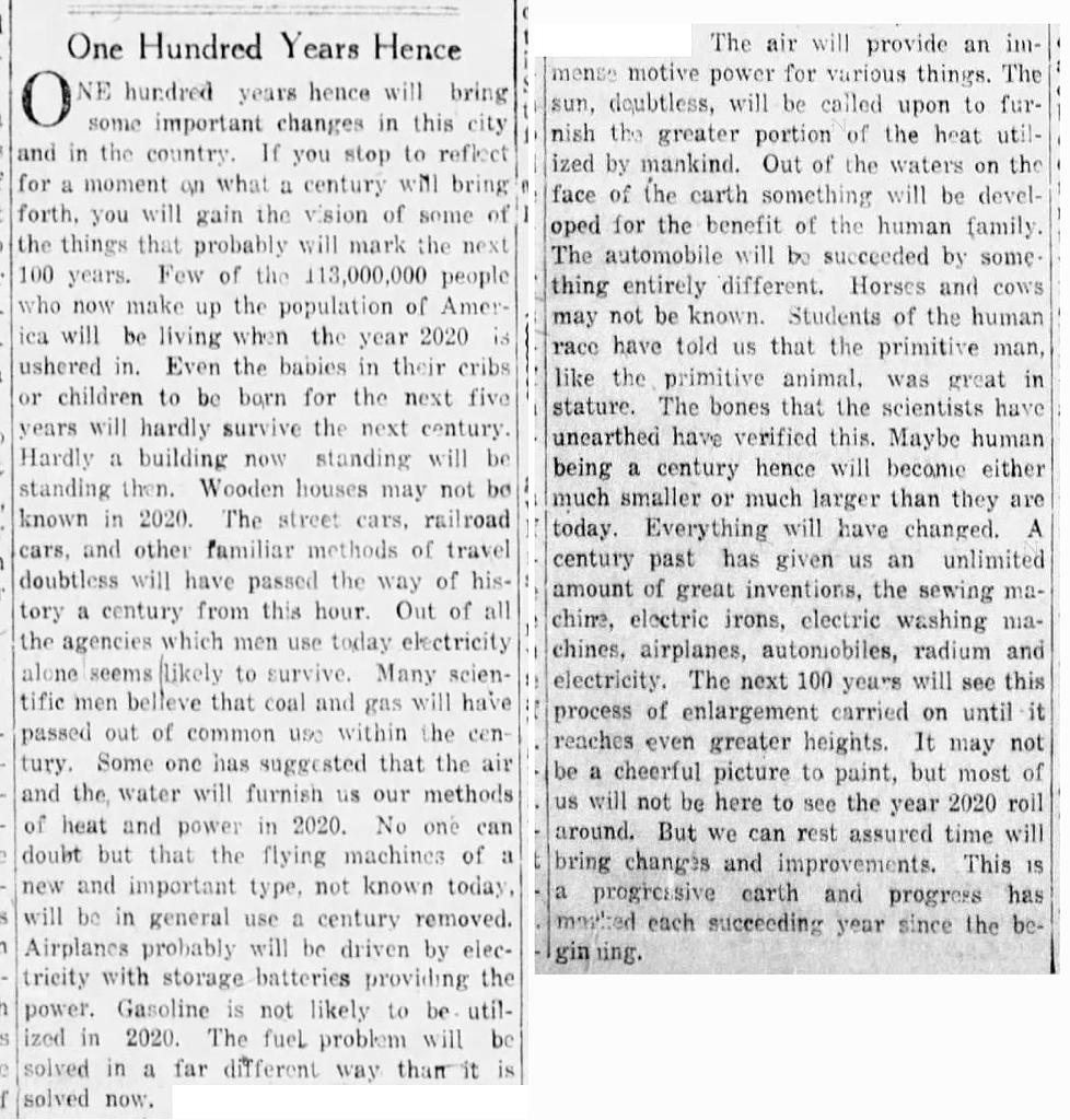 One Hundred Years Hence: Predictions About the Year 2020, From the Year ...