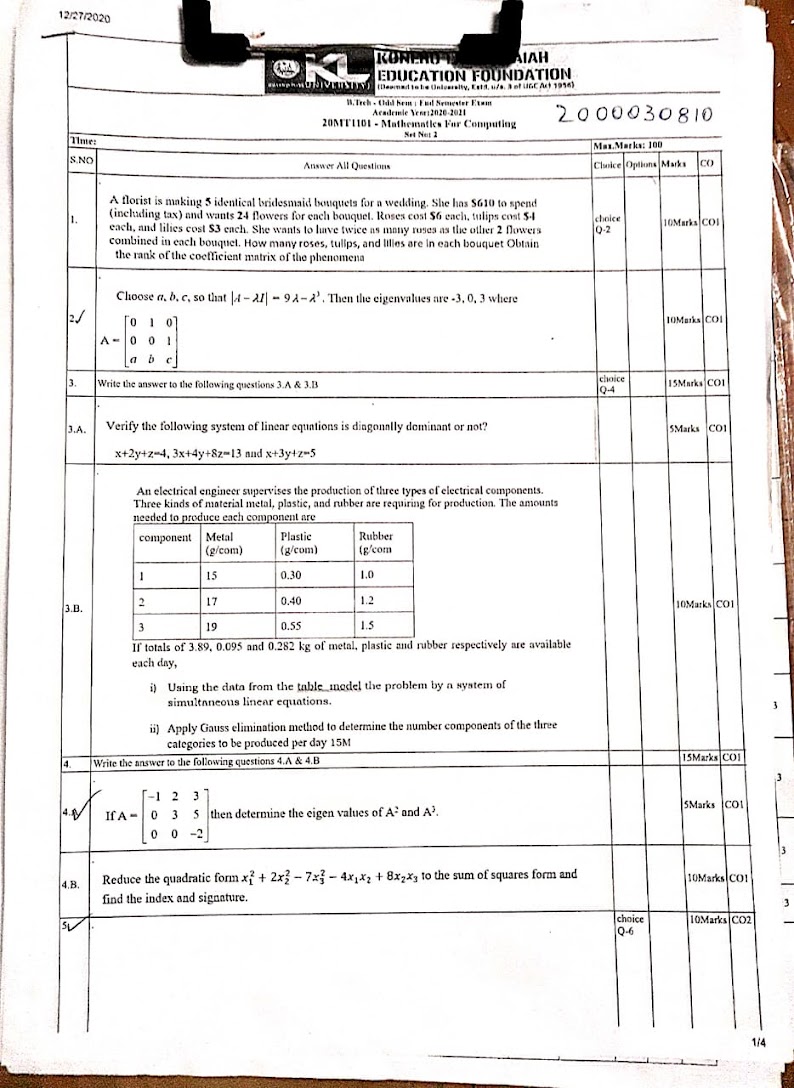 K L University Question Papers B.Tech CSE ODD Semester 2020-2021