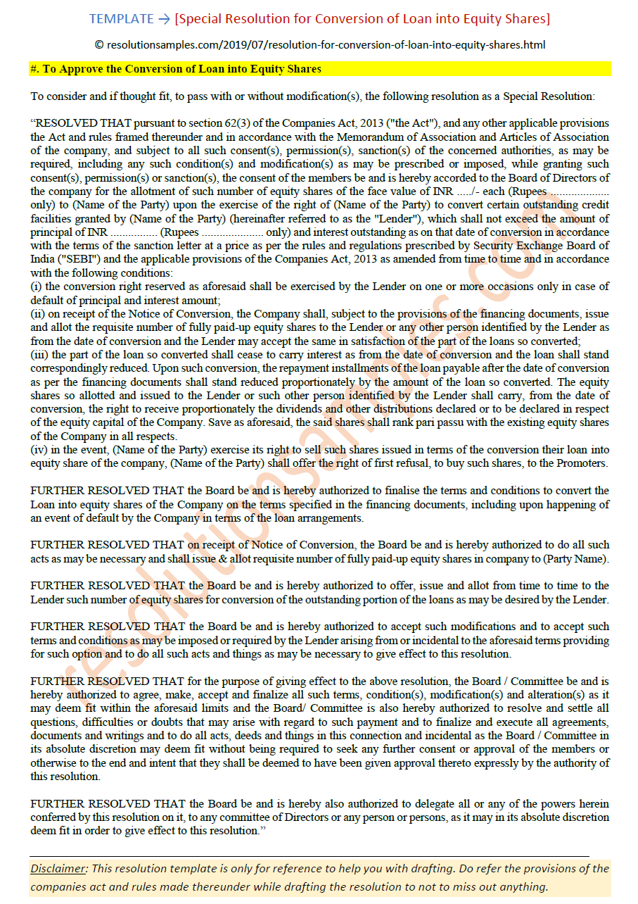 Special Resolution for Conversion of Loan into Equity Shares
