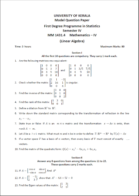 Kerala University Mathematics B.Sc Statistics (Linear Algebra) 2017 ...