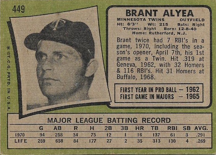 Topps 1971: no. 449 - brant alyea
