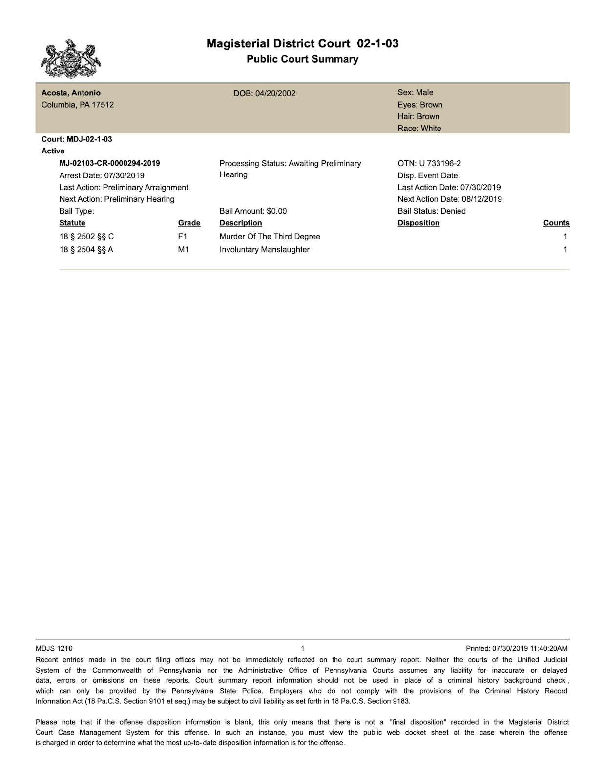Antonio Acosta – Docket Sheet, Court Summary, Police Report – Columbia Spy
