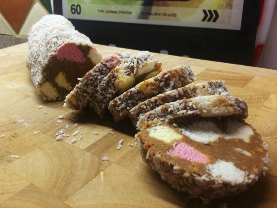 Words that spring to mind: Lolly Cake, a NZ childhood staple.