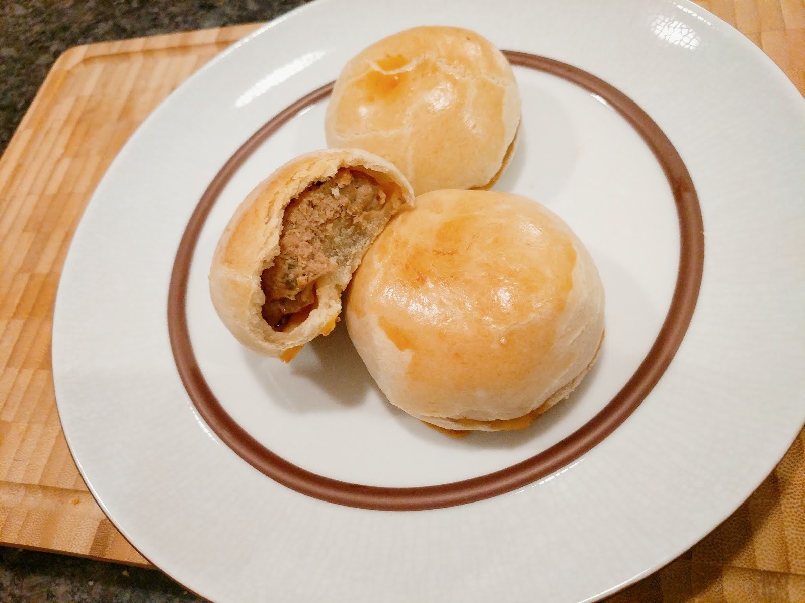 Moon festival treat: savory mooncake (aka puff pastry wrapped meatball)