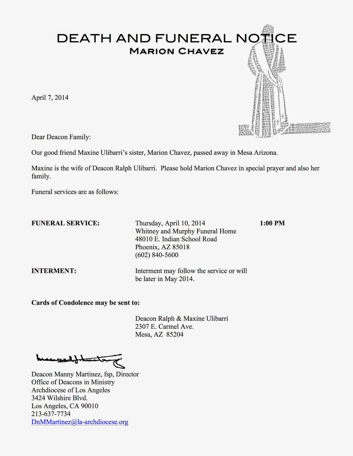 Deacon Funeral Notices: Marion Chavez - Sister of Maxine Ulibarri