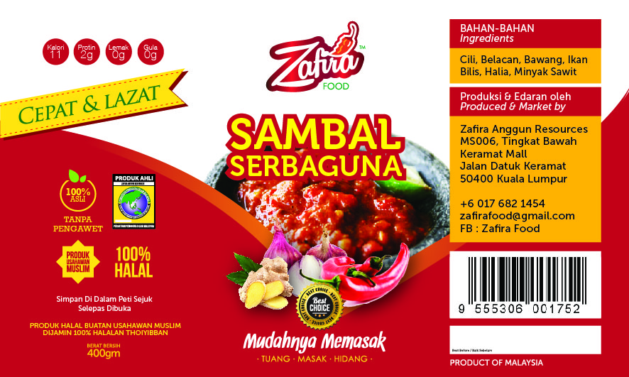 Zafira Packaging Label - Sambal Serbaguna ~ Yellow Ant Communications