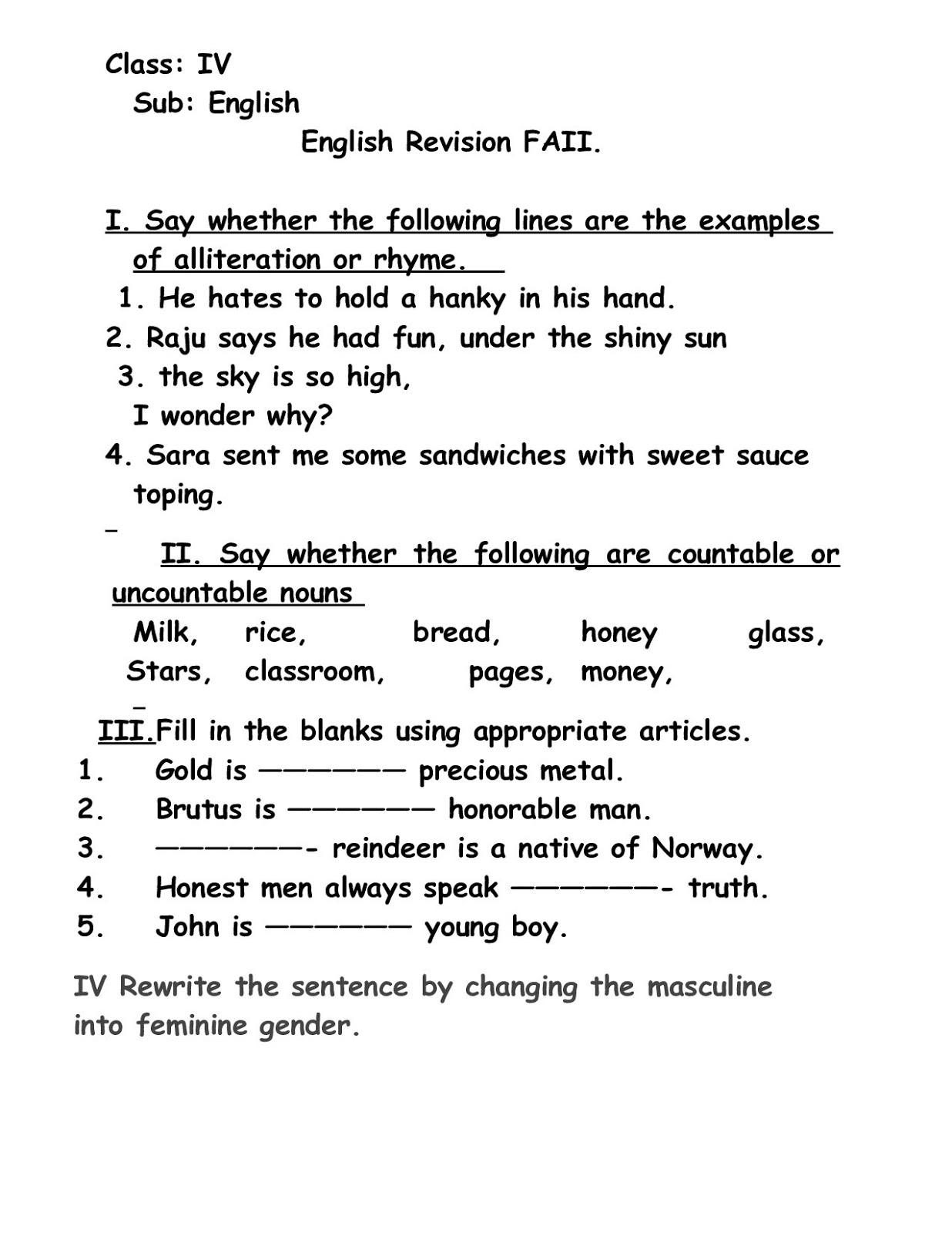 APSG: class 4 English Revision Paper Class4