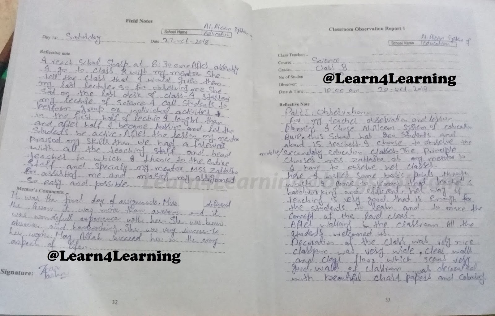 B.ed teaching practice I AIOU course code 8607 Field notes