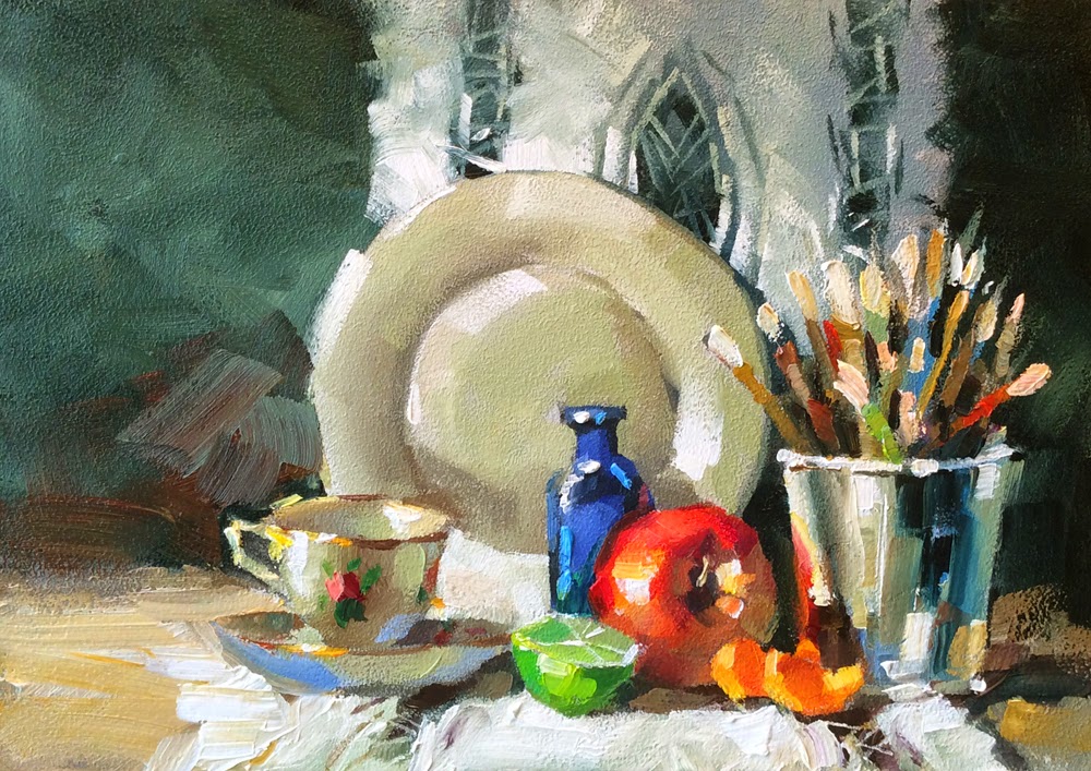 TOM BROWN FINE ART: COLORFUL STILL LIFE with LACE and FRUIT by TOM BROWN