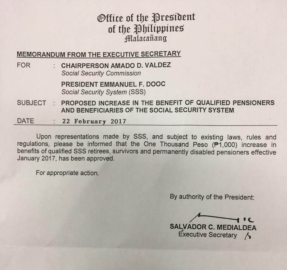 SSS Pension Increase - Additional Php 1,000 Effectivity Date is March 3