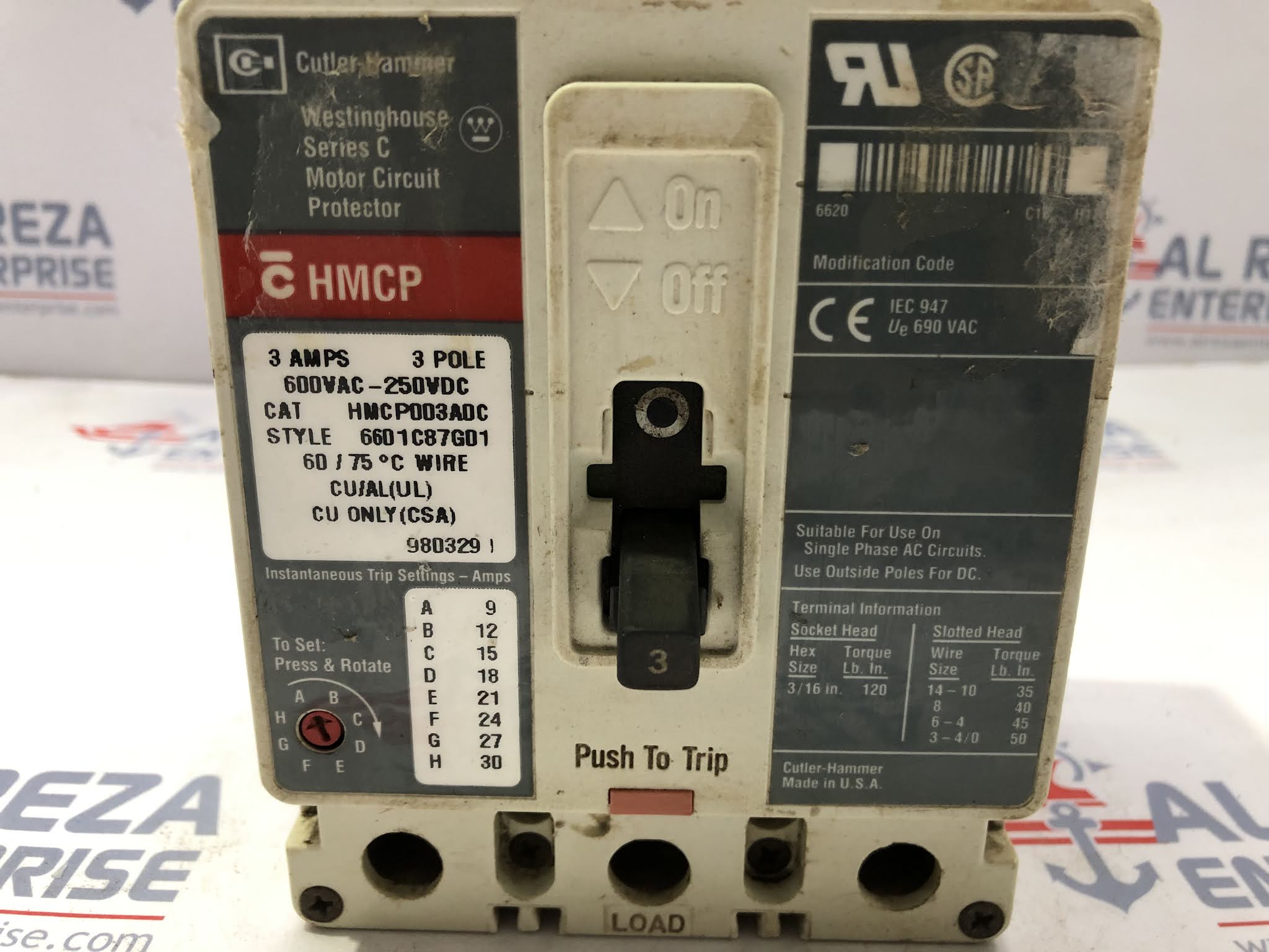 CUTLER HAMMER HMCP CIRCUIT BREAKER HMCP003A0C 3AMPS 3POLE 600VAC/250VDC