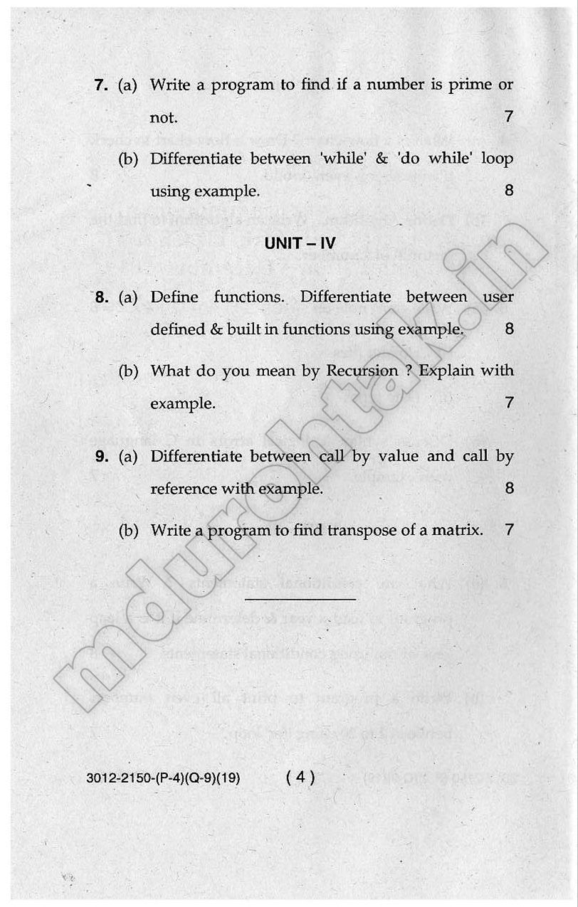 Programming for Problem Solving - Question Paper - B.Tech. 1st Year - December 2019