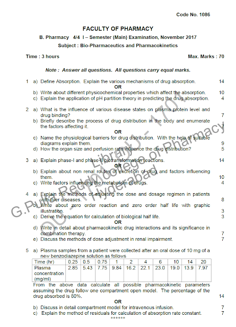 Osmania University B. Pharmacy 4/4 I - Semester (Main) Subject : Bio ...