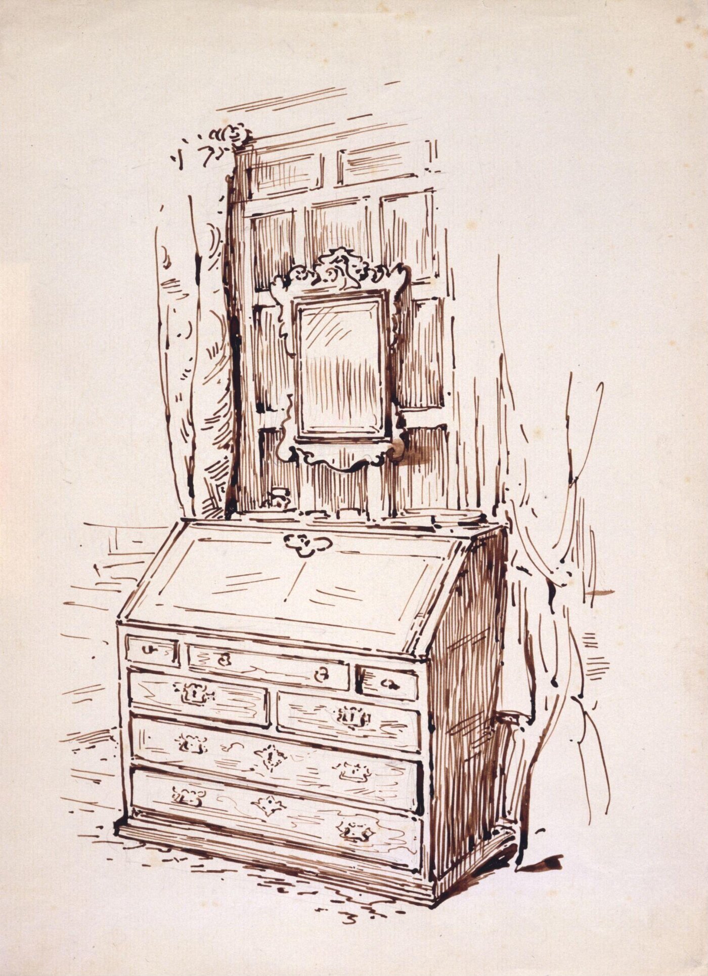 Content in a Cottage: Antique Desk & Mirror Drawing: Beatrix Potter