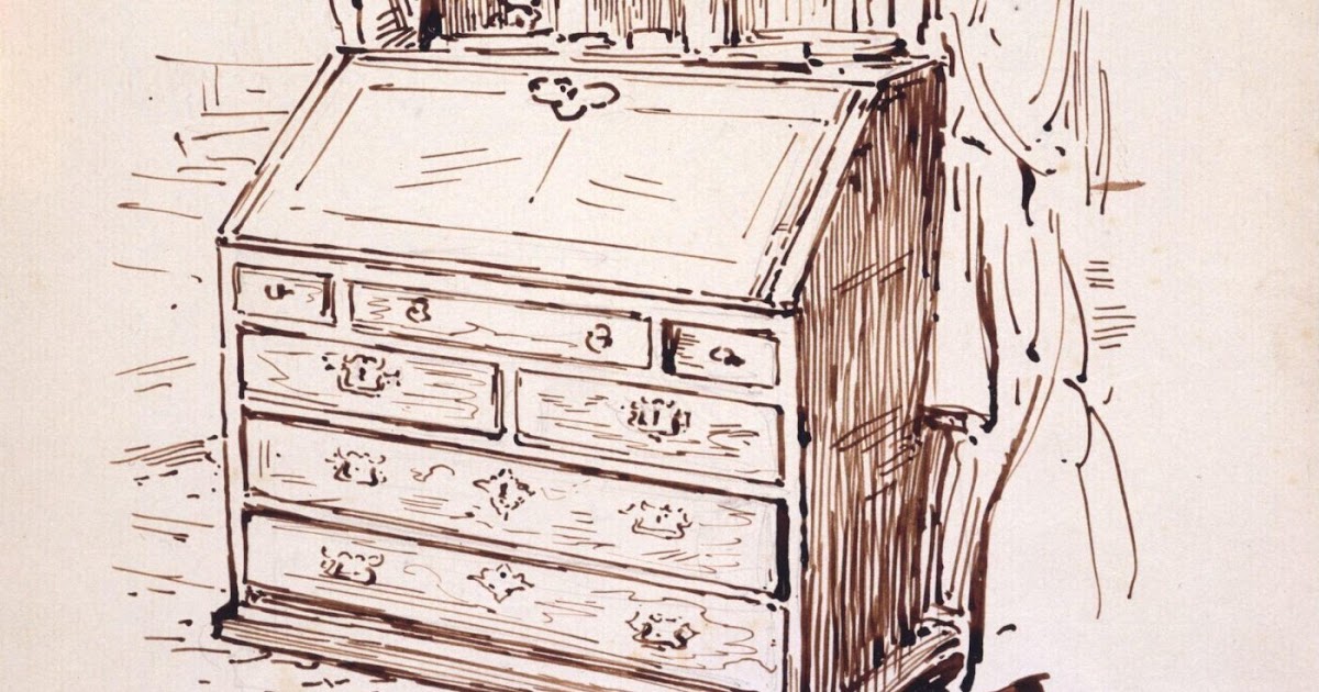 Content in a Cottage: Antique Desk & Mirror Drawing: Beatrix Potter