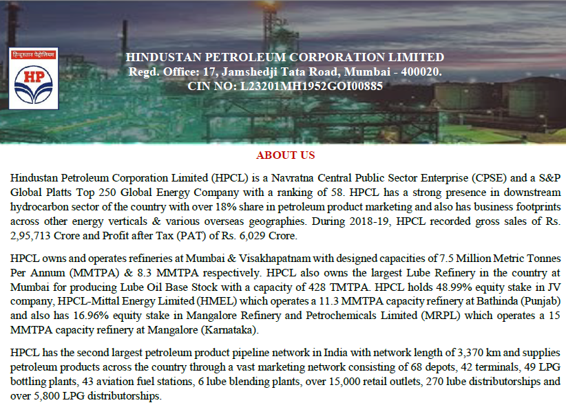 HPCL RECRUITMENT 2019 FOR 164 PROJECT ENGINEER, LAW OFFICER & OTHER POSTS