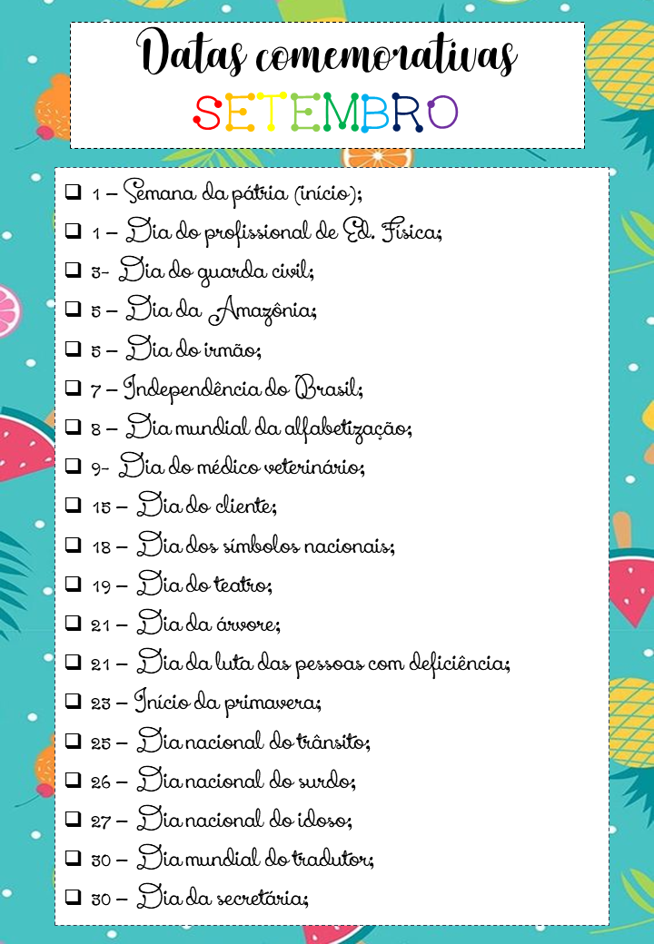 Calendário Datas Comemorativas - Setembro