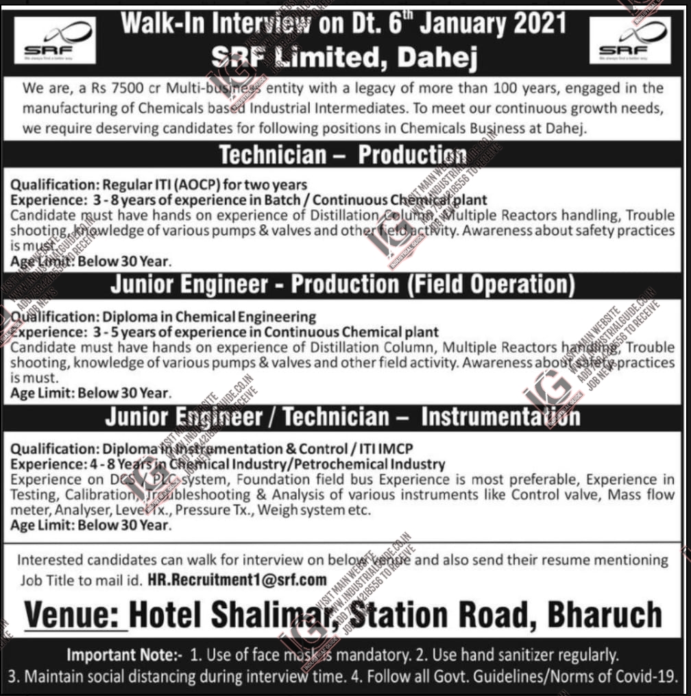 SRF Limited Dahej interview in 2021 January 06th for Production ... SRF Limited Dahej interview in 2021 January 06th for Production ...