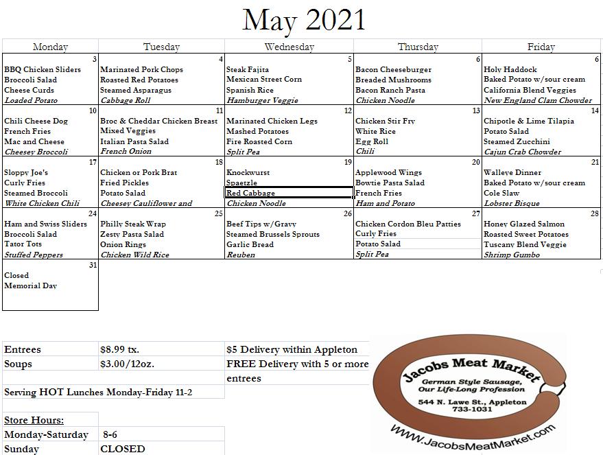 HOT Lunch Menu May 2021 | Jacobs Meat Market
