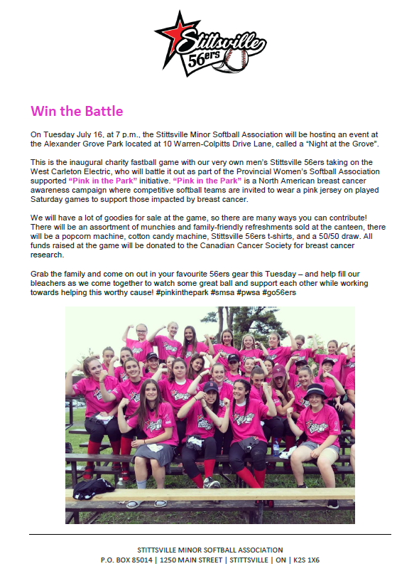 Eastern Ontario Fastball Blog: "Pink in the Park" on Tuesday in Stittsville