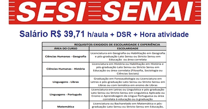 SESI abre inscrições de Seleção para Professores. Salário de R$ 39,71 SESI abre inscrições de Seleção para Professores. Salário de R$ 39,71