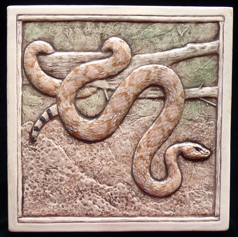 Decorative handmade ceramic tile: Decorative relief carved Rattlesnake ...