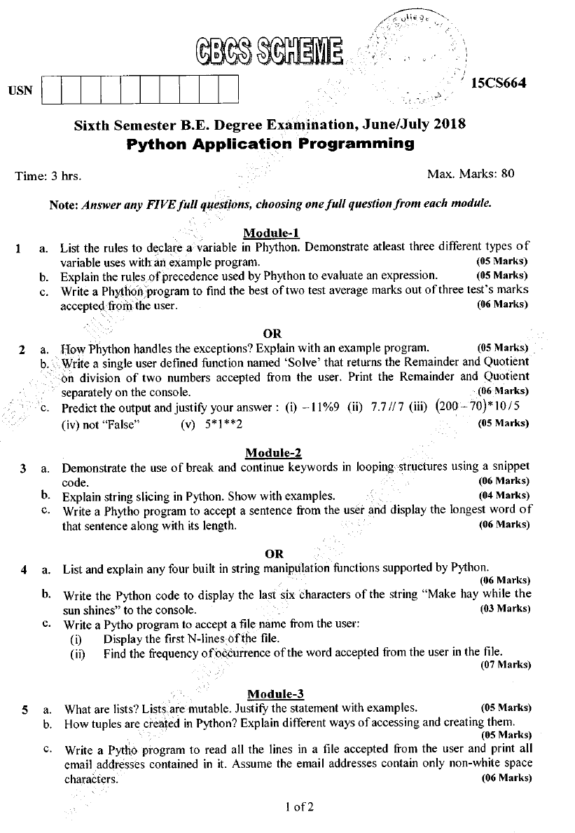 Visvesvaraya Technological University Be Computer Science Cbcs Sixth Semester 15cs664