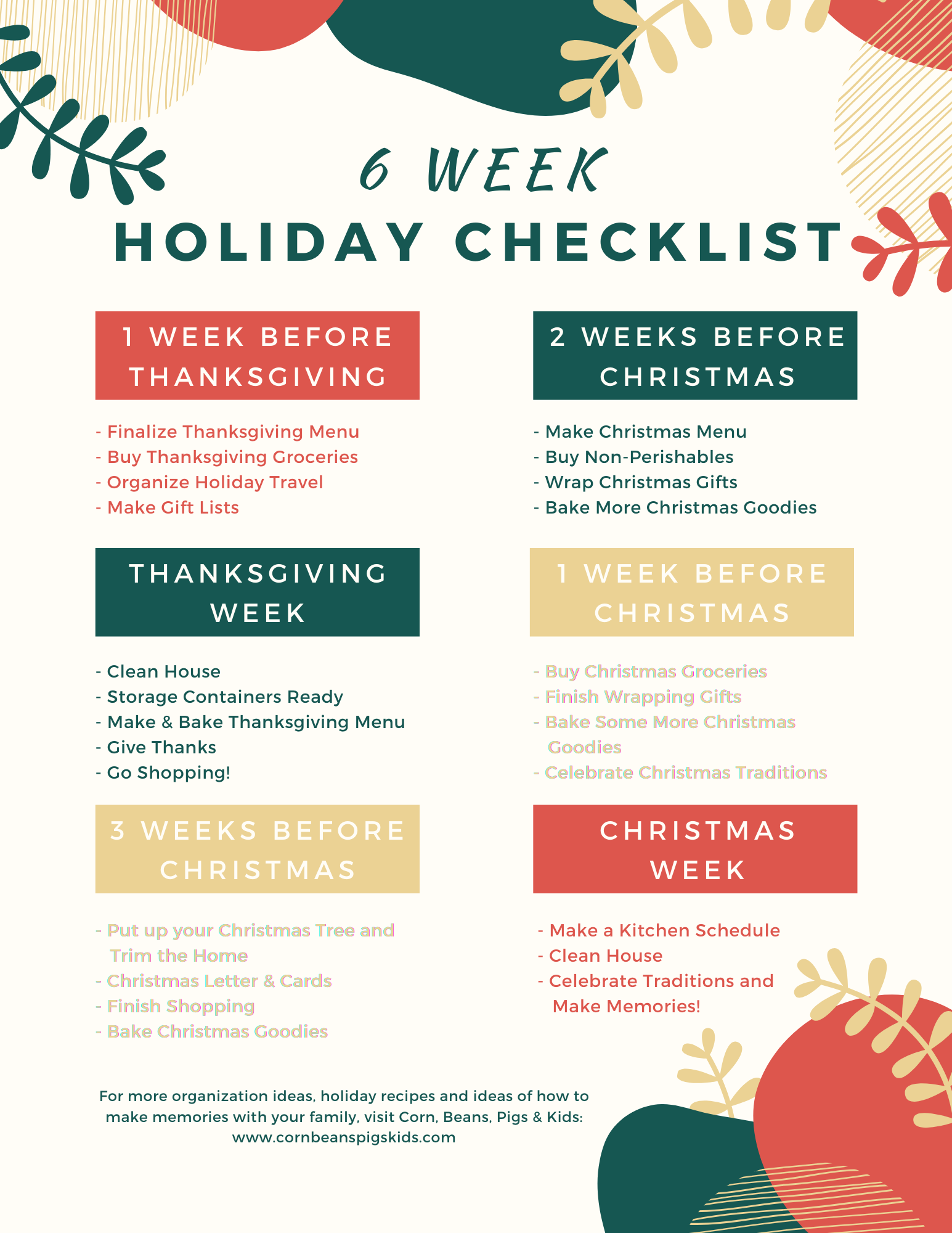 Corn, Beans, Pigs and Kids: 6 Week Holiday Checklist + FREE Printable