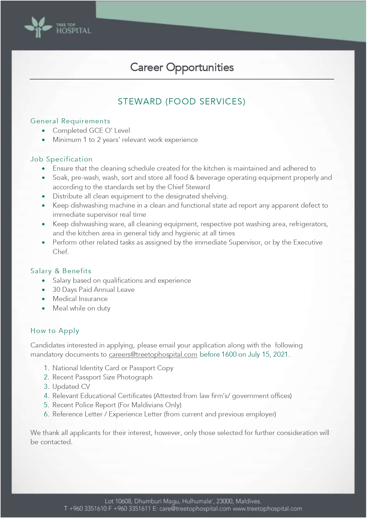 Job Maldives - Fresh Jobs in Maldives: Steward Job Vacancy at Tree Top ...