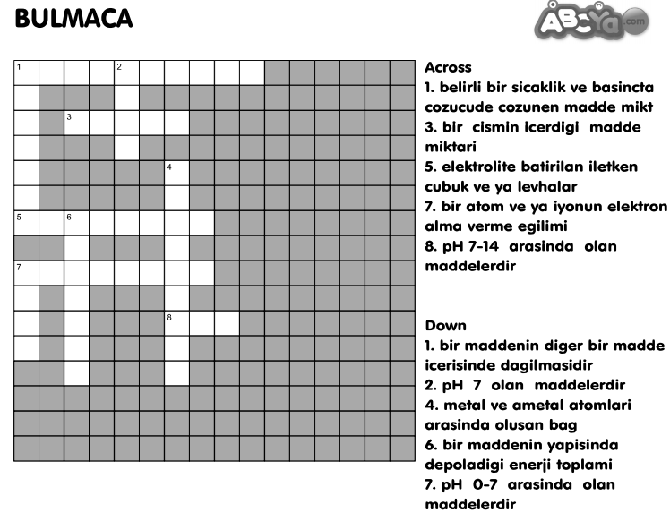 kimya dünyam: kare bulmaca