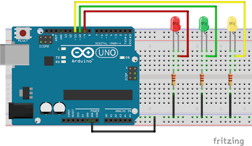 Foto do esquema de ligação feito no fritzing para ligar três LEDs ...