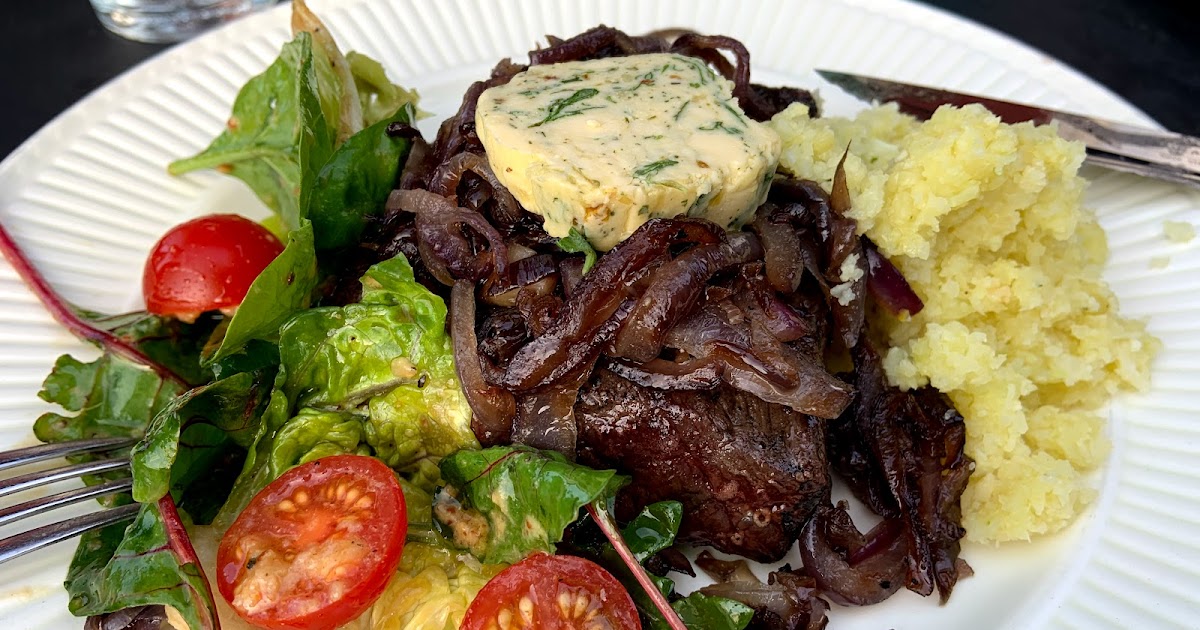 grillet hvalbiff med myk løk og kryddersmør