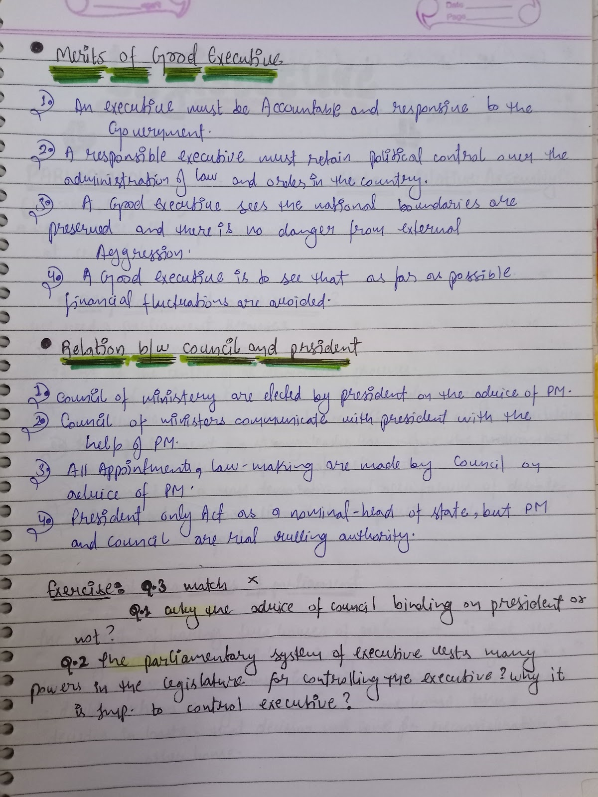 Handwritten Notes of Executive - Political Science - Class 11th ...