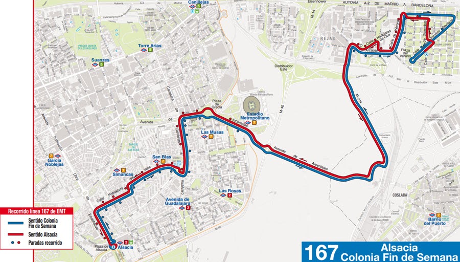 Recorrido de la nueva línea 167 autobús EMT entre Colonia Fin de Semana ...
