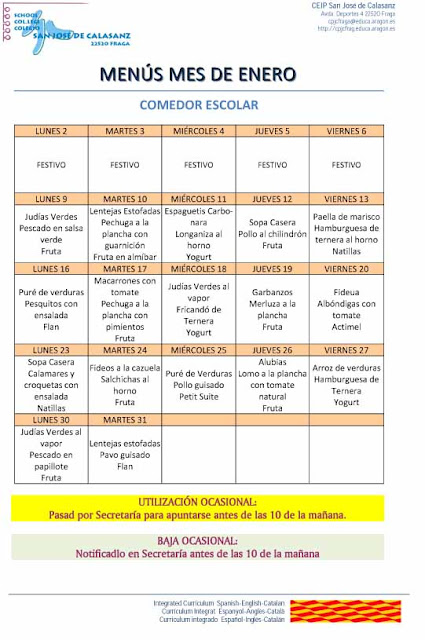 AMYPA SAN JOSE DE CALASANZ: MENU COMEDOR ENERO