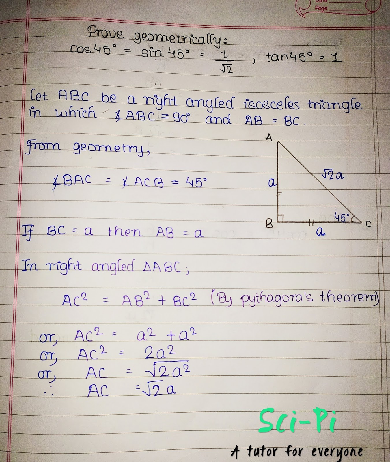Prove geometrically, the value of sin45°, cos45° and tan45 ...