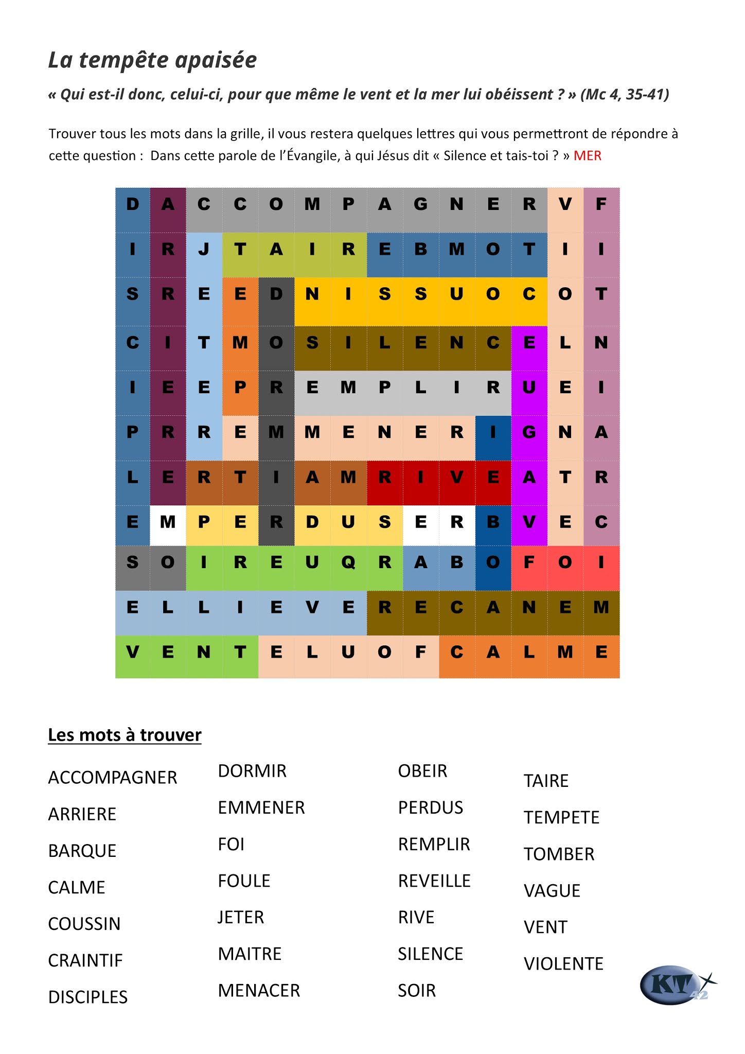 Mots cachés - la tempête apaisée selon Marc 4, 35-41