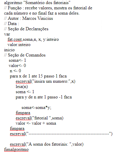 Algoritmo em Visualg - Somatório dos fatoriais. ~ MVF5 Systems ...