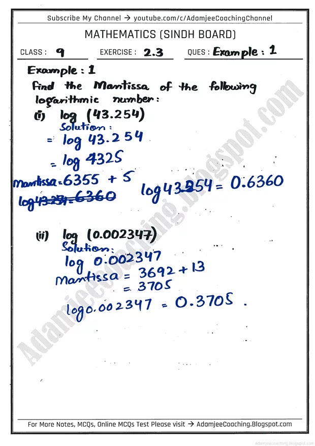 Adamjee Coaching: Logarithms - Exercise 2.3 - Mathematics 9th