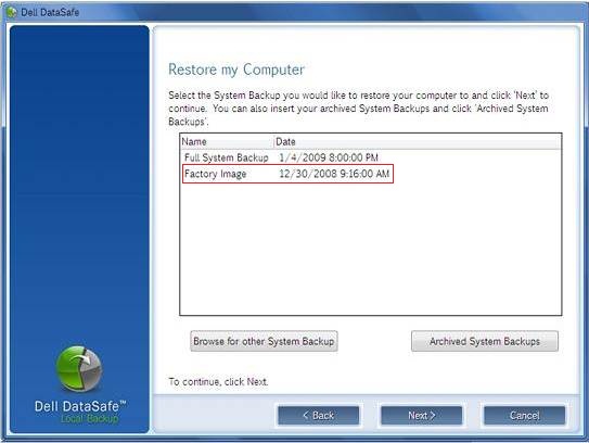 Factory PC restore using Dell DataSafe